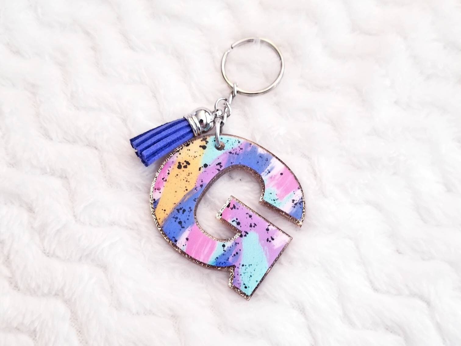 Glitter Initial Keychain, Letter G Bagtag, Colorful Paint Swash and ...