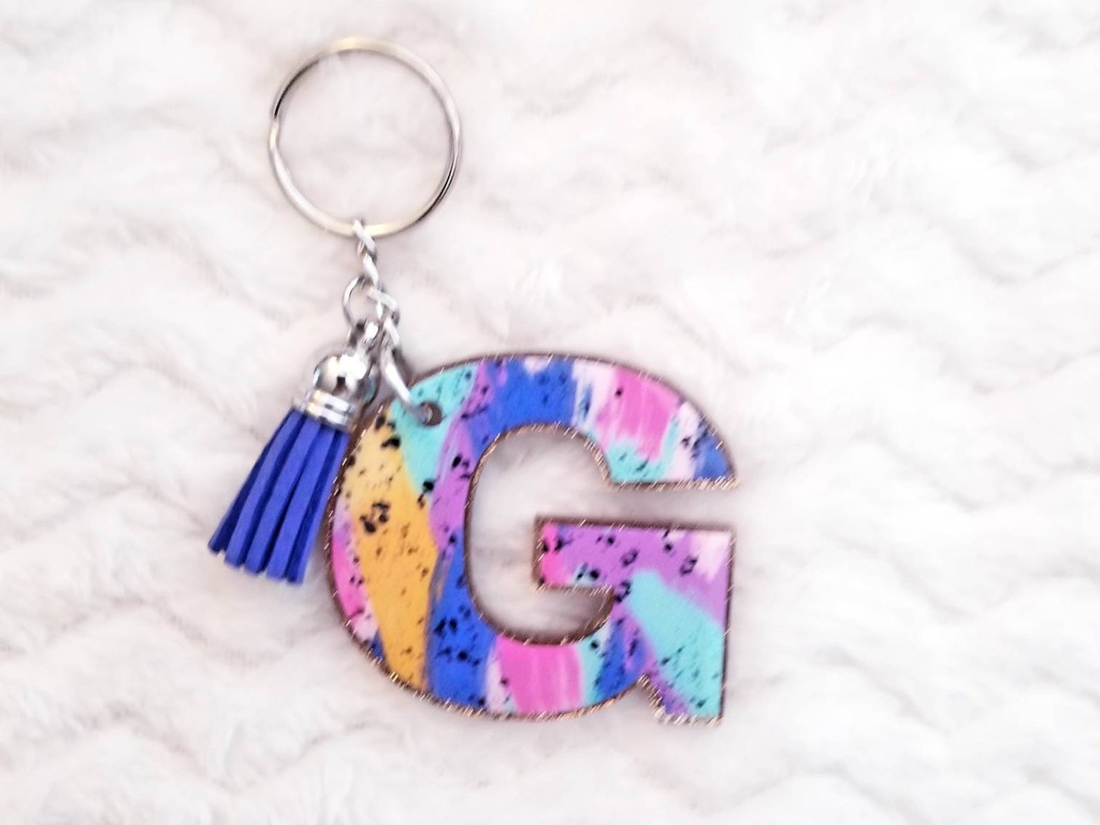 Glitter Keychain initial, Letter G Bagtag, Colorful Paint Swash et Gold ...