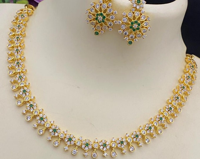 Gold Plated CZ Crystal American Diamond Floral Choker Necklace Earring ...