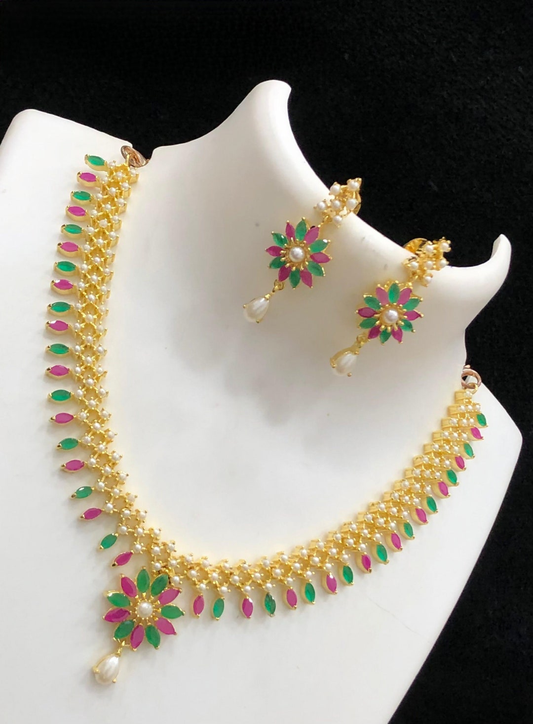 Red Coral Gold Plated American Diamond Choker Necklace Earrings and ...