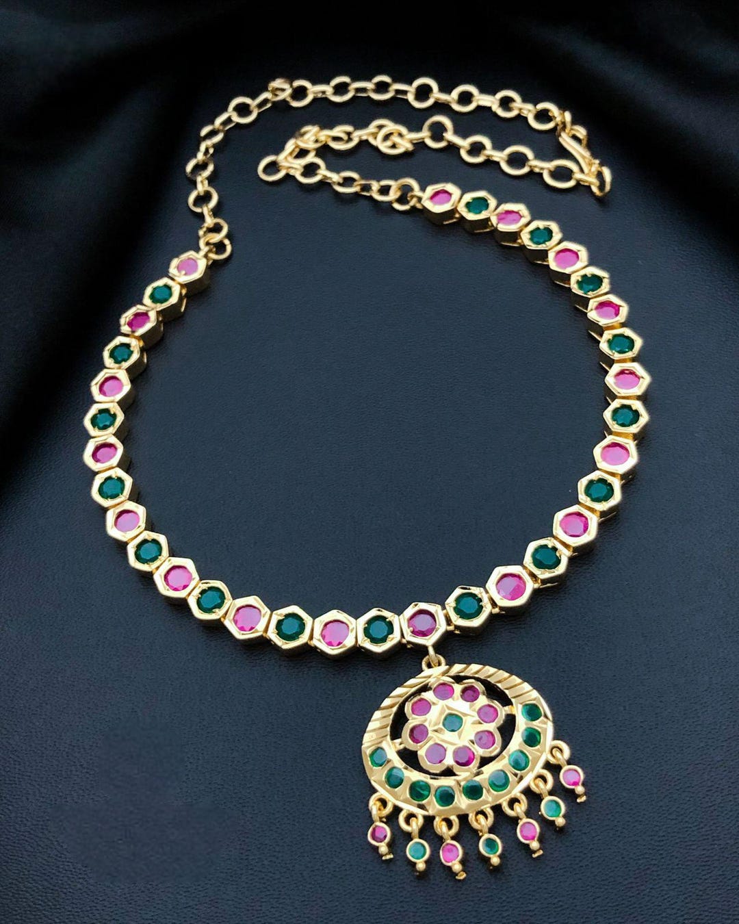Gold Plated Ruby Emerald Attigai Necklace Set| American Diamond CZ ...