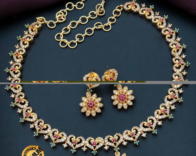 American Diamond Necklace-22k Gold Polish | Emerald Ruby CZ Diamond ...