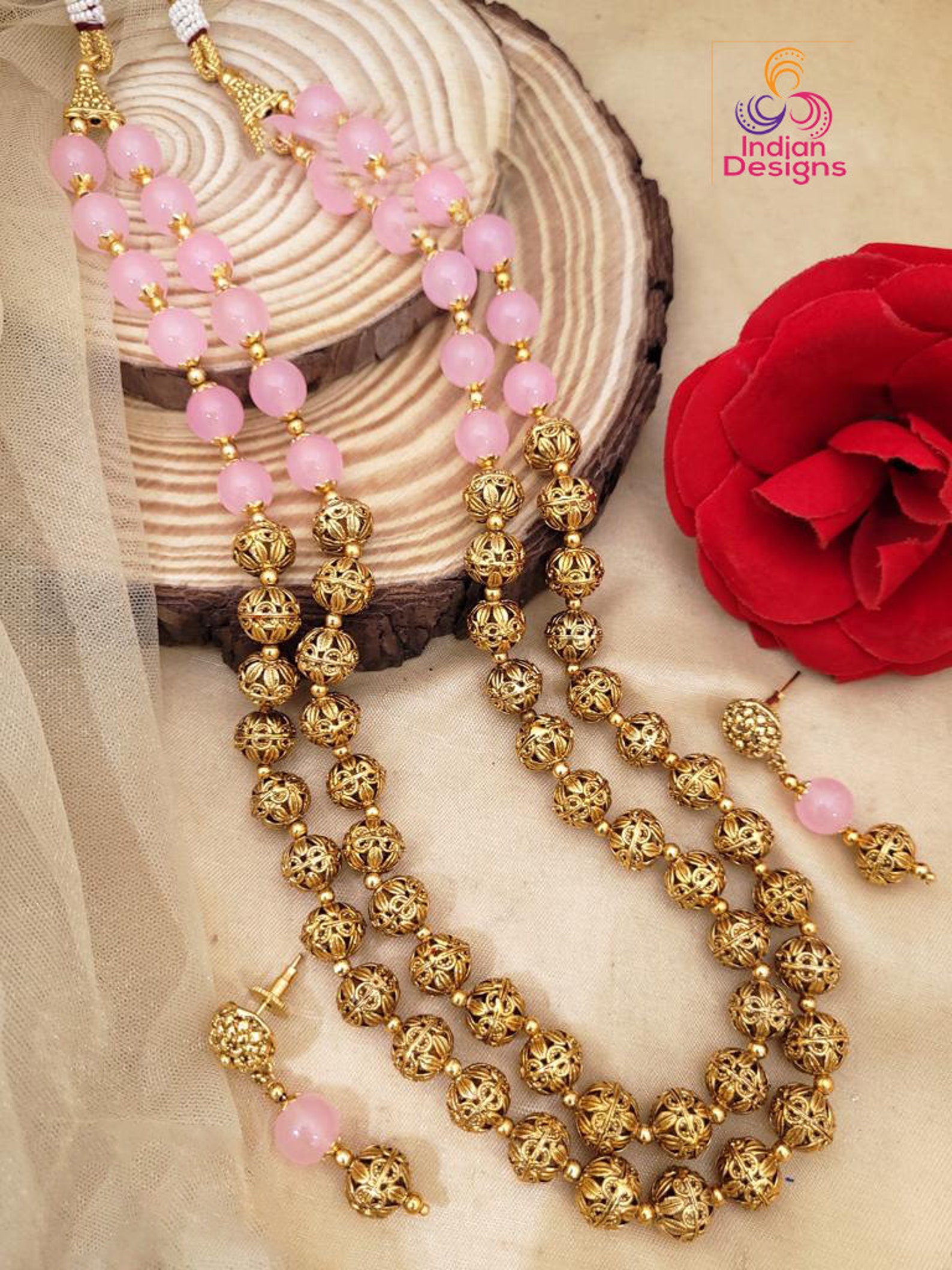 Traditional Handcrafted Golden Beads Long Matar Mala Necklace Earring ...