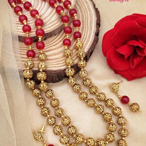 Traditional Handcrafted Golden Beads Long Matar Mala Necklace Earring ...