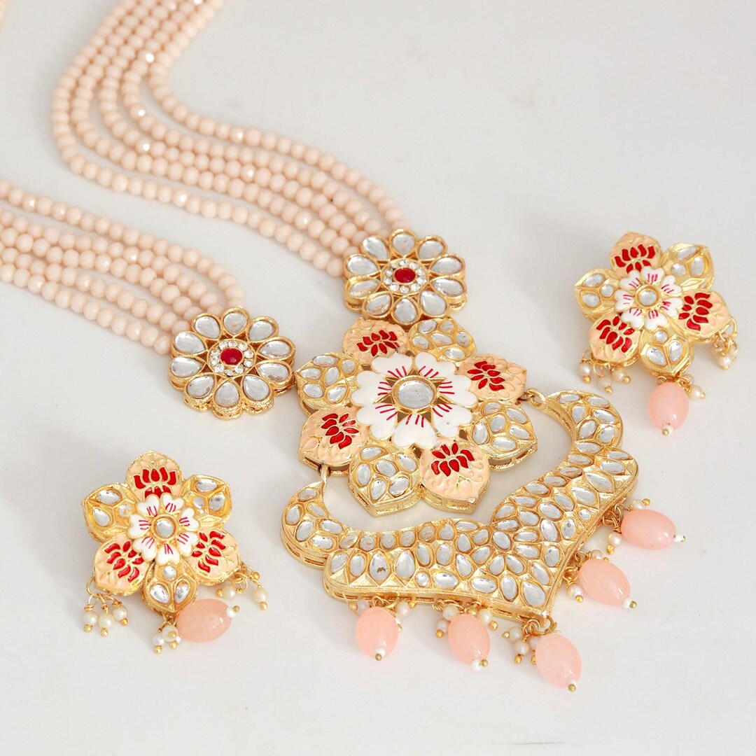 Multi Strand Crystal Bead Necklace and Kundan Pendant Earring Set ...