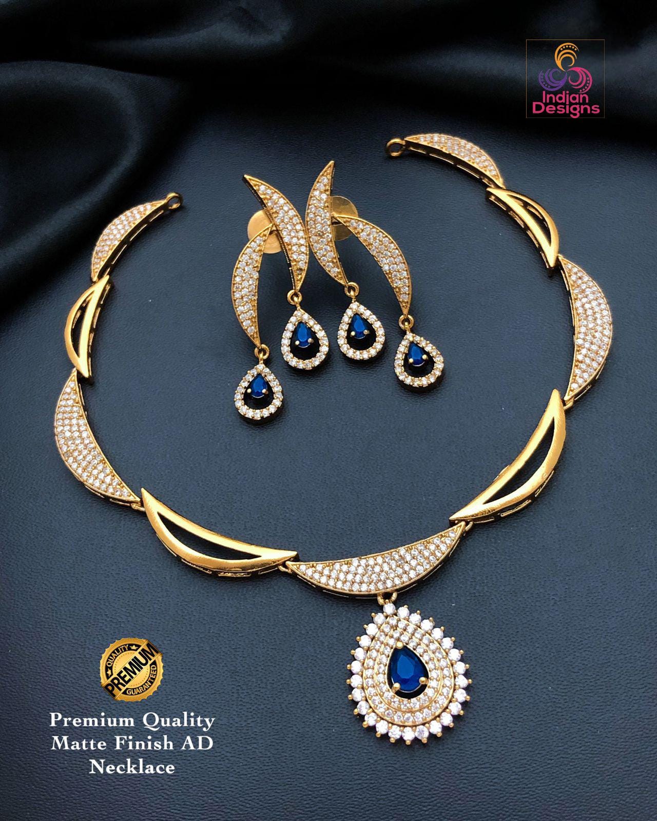 IndianDesignz Matte Gold Finish Antique Style Necklace and Earrings Set Indian Designs Jewelry Traditional South Indian Style Simple Choker Necklace
