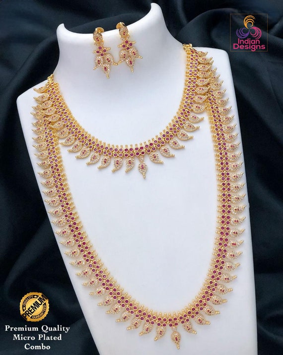 American Diamond Mango Haram Long short Combo Necklace Earrings Set With Ruby Emerald White Stones 22K Gold Plated AD Long Haram Necklace Etsy