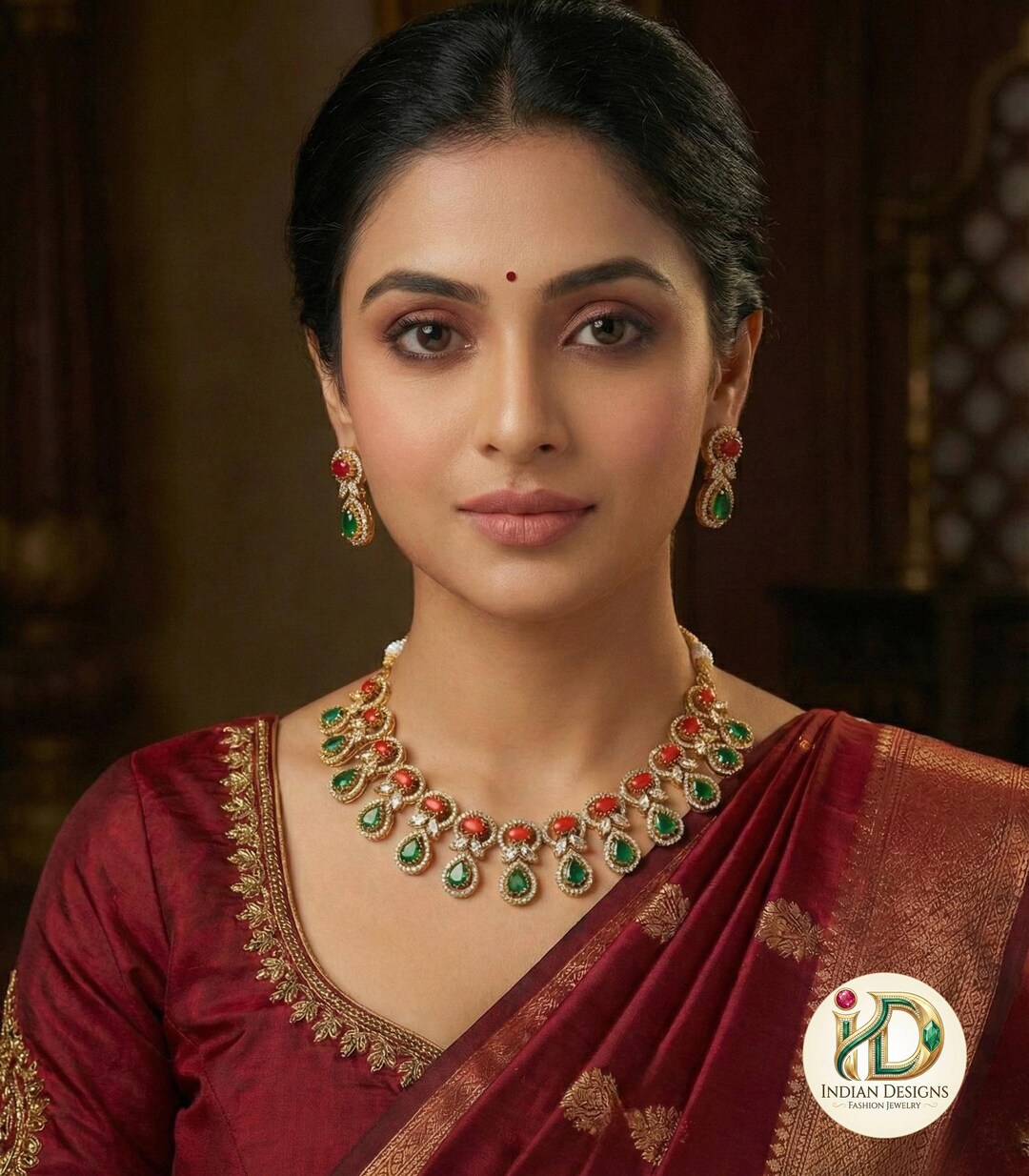 Gold Plated Coral & Green Stone Necklace Set| Traditional Indian Choker ...