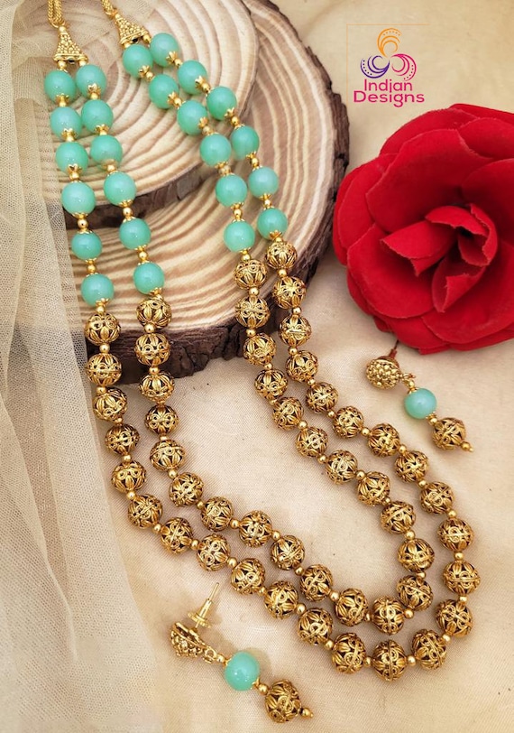 Traditional Handcrafted Golden beads Long matar mala Necklace Earring set 22 Inch Two layer Gold balls chain mala set Gujarati Jewelry Etsy