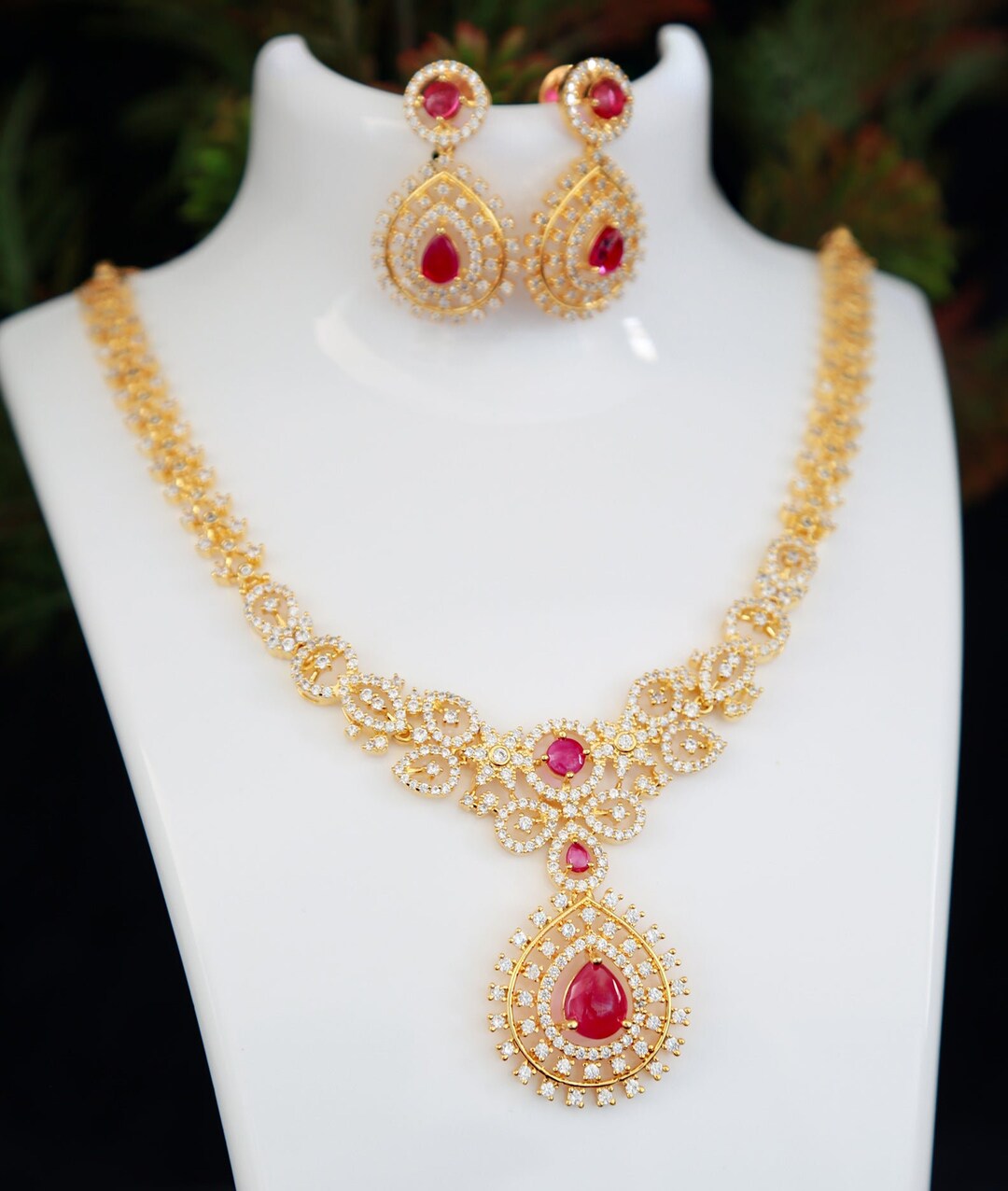 Luxury Pear Shaped Ruby Stone American Diamond Gold Plated Necklace ...