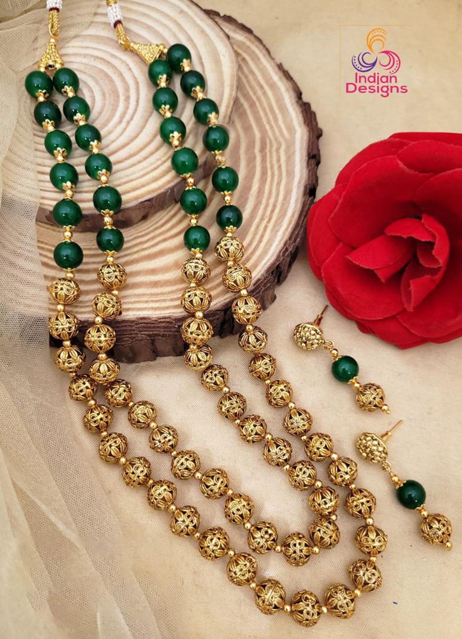 Traditional Handcrafted Golden Beads Long Matar Mala Necklace Earring ...