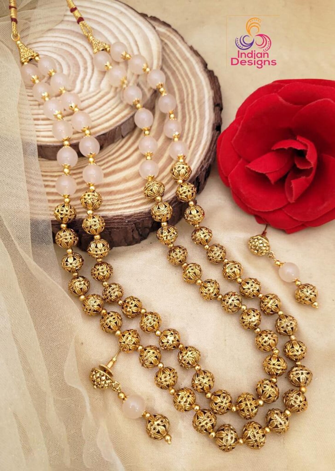Traditional Handcrafted Golden Beads Long Matar Mala Necklace Earring ...