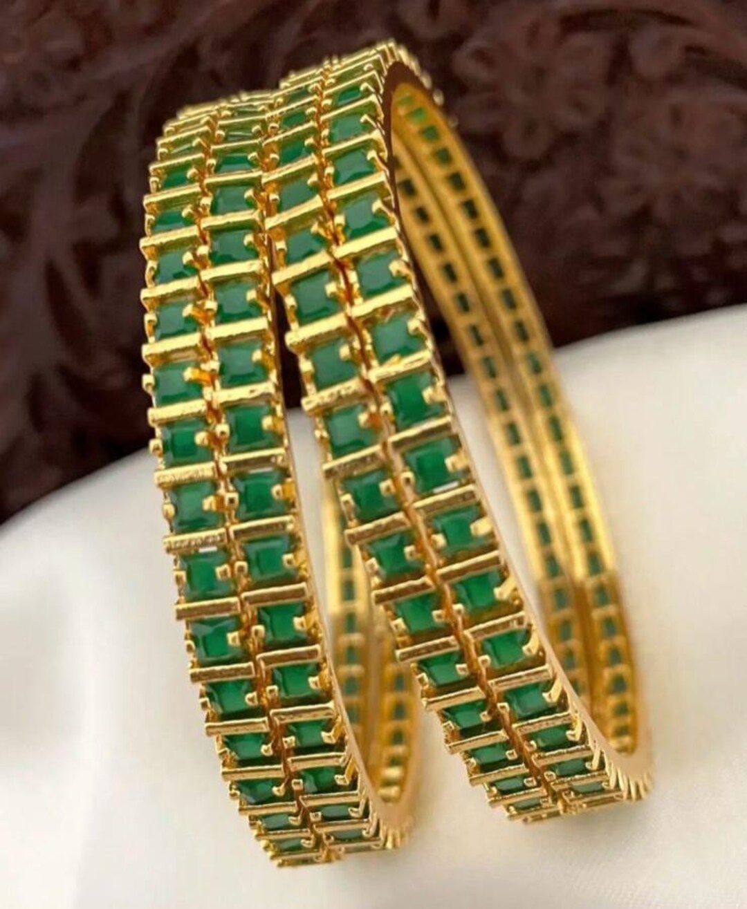 Emerald Green American Diamond Bangles Set Gold Polish| Indian Bridal ...