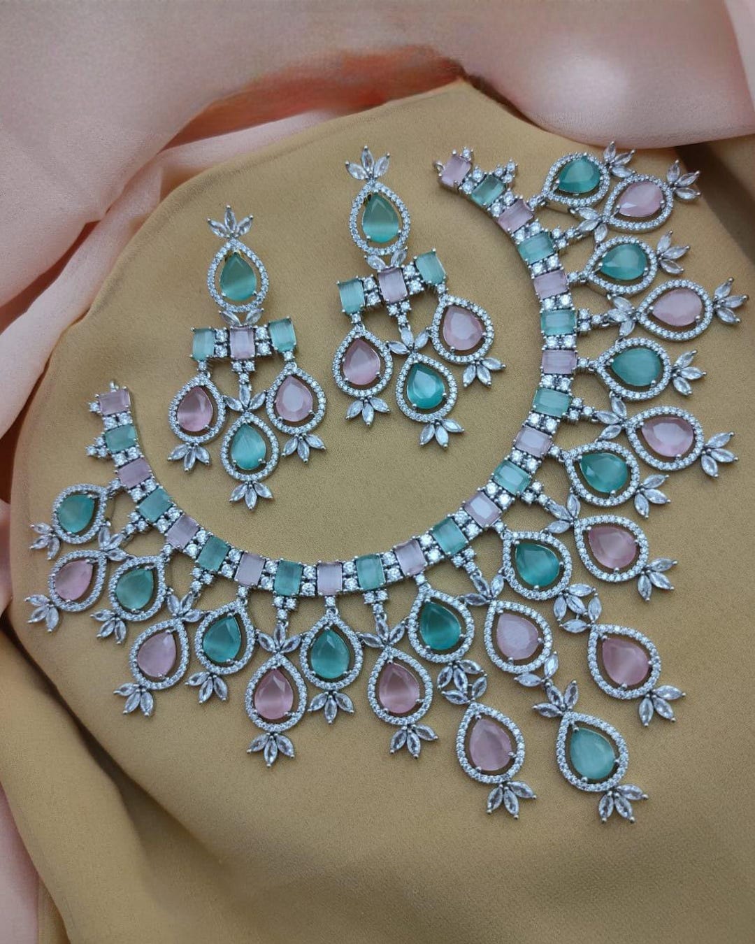 Pink Mint Tear Drop Stone American Diamond Necklace|silver Necklace Cz ...