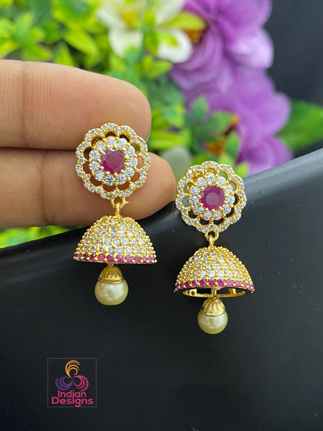 Small Cute Gold Jhumka American Diamond Jhumka Jhumki Indian Earrings ...