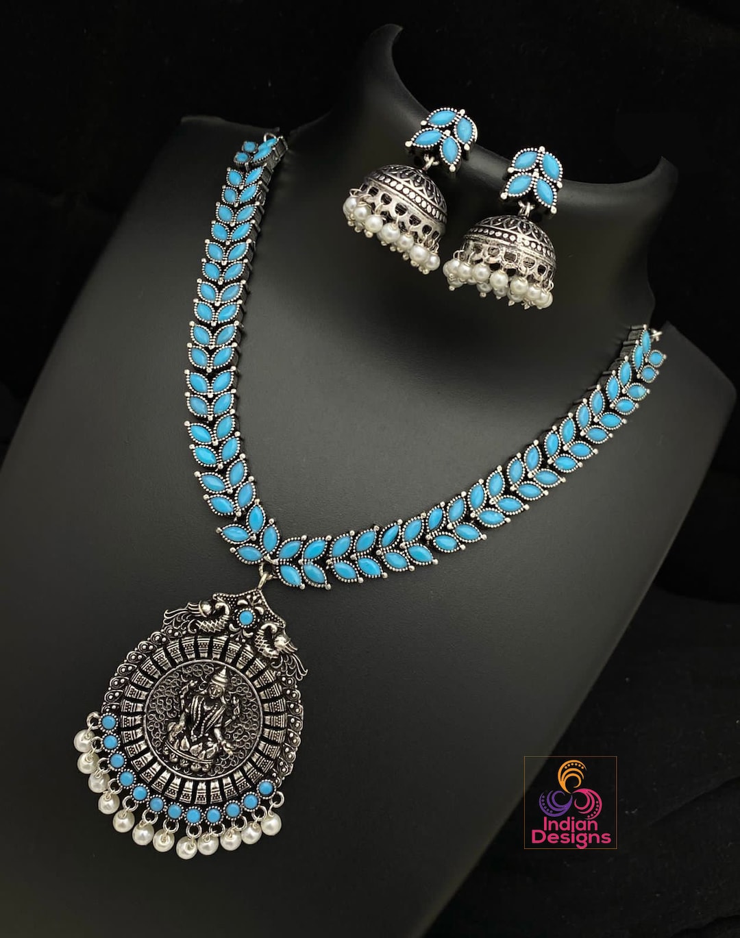 Sky Blue Stones Oxidized Silver Necklace and Jhumka Set With Lakshmi ...