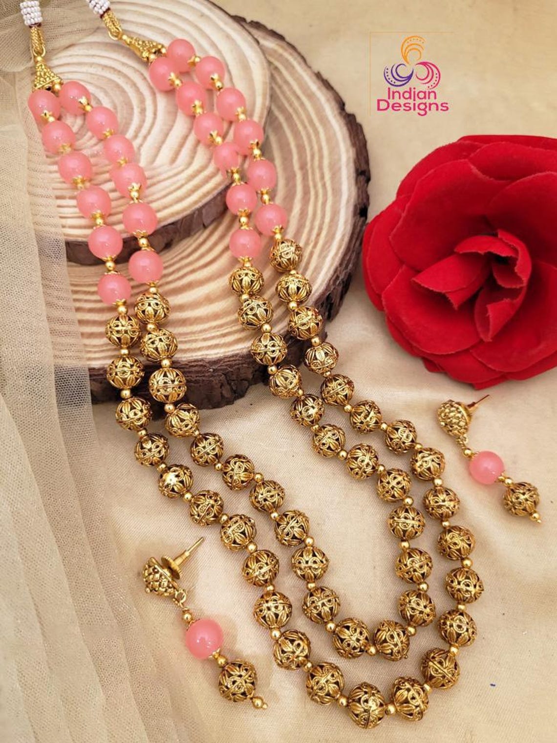 Traditional Handcrafted Golden Beads Long Matar Mala Necklace Earring ...
