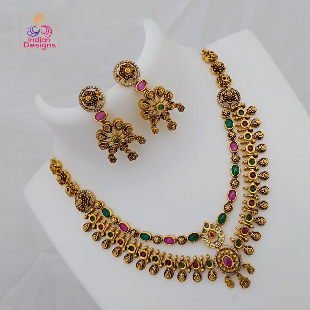 Antique Gold Kempu Necklace and Matching Earrings| South Indian Style ...