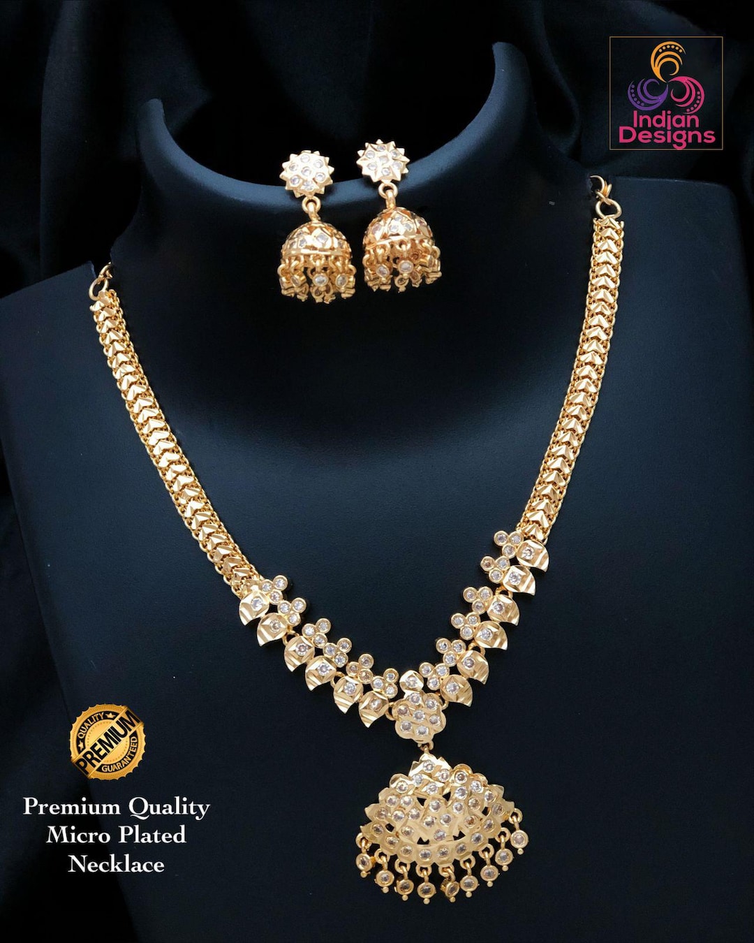 Gold-plated Attigai Necklace With CZ Stones & Jhumka Earrings| American ...