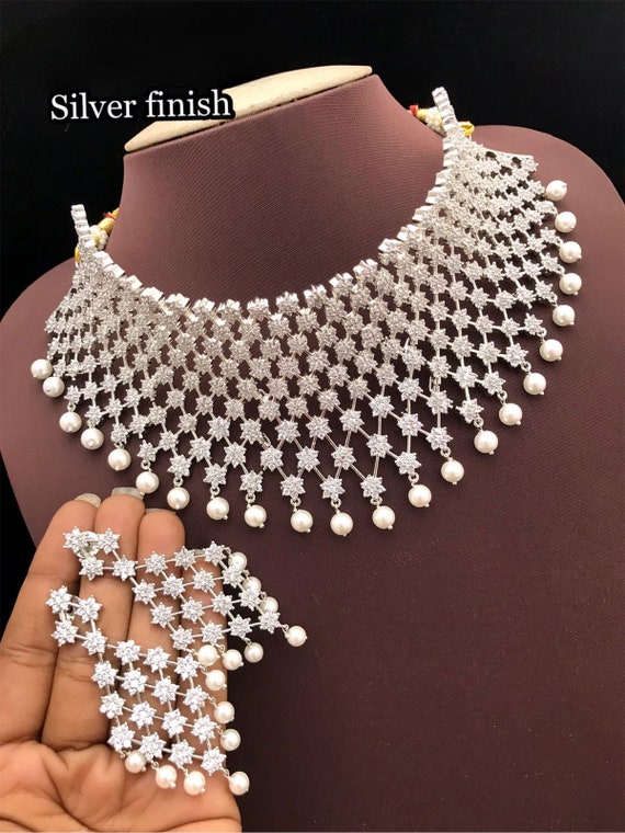 Silver tone Wedding Choker necklace American Diamond White Crystal Star Design CZ diamond Bridal necklace Earring set Bollywood choker set
