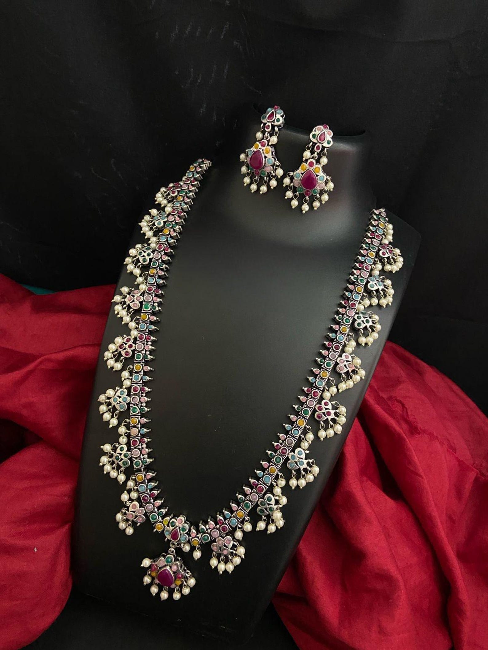 German Silver Oxidized Indian Jewelry Long Necklace Earring Set ...