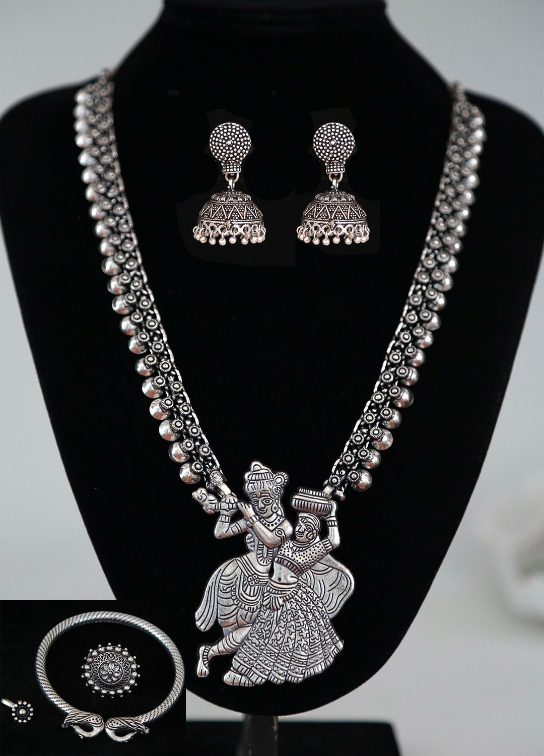 Traditional Oxidized Silver Jewelry Set With Radha Krishna Pendant ...