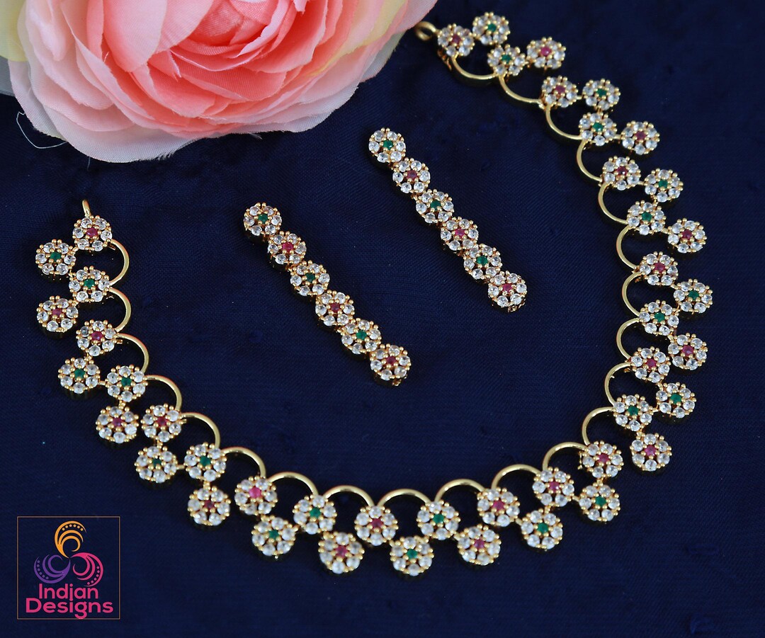 Pink & Green American Diamond Necklace Set With Earrings| Floral Design ...