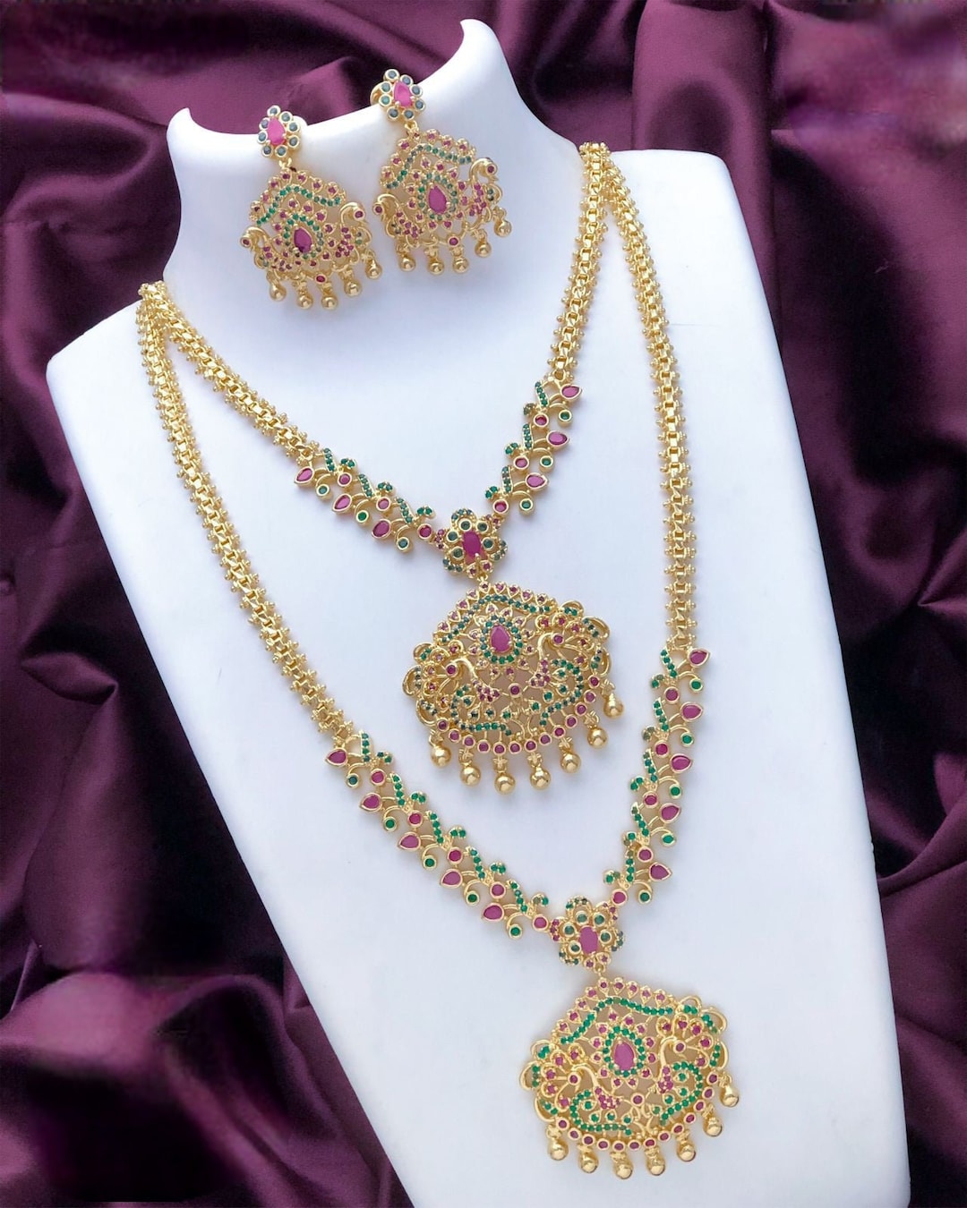Gold Tone American Diamond CZ Haram Long and Short Necklace Combo ...