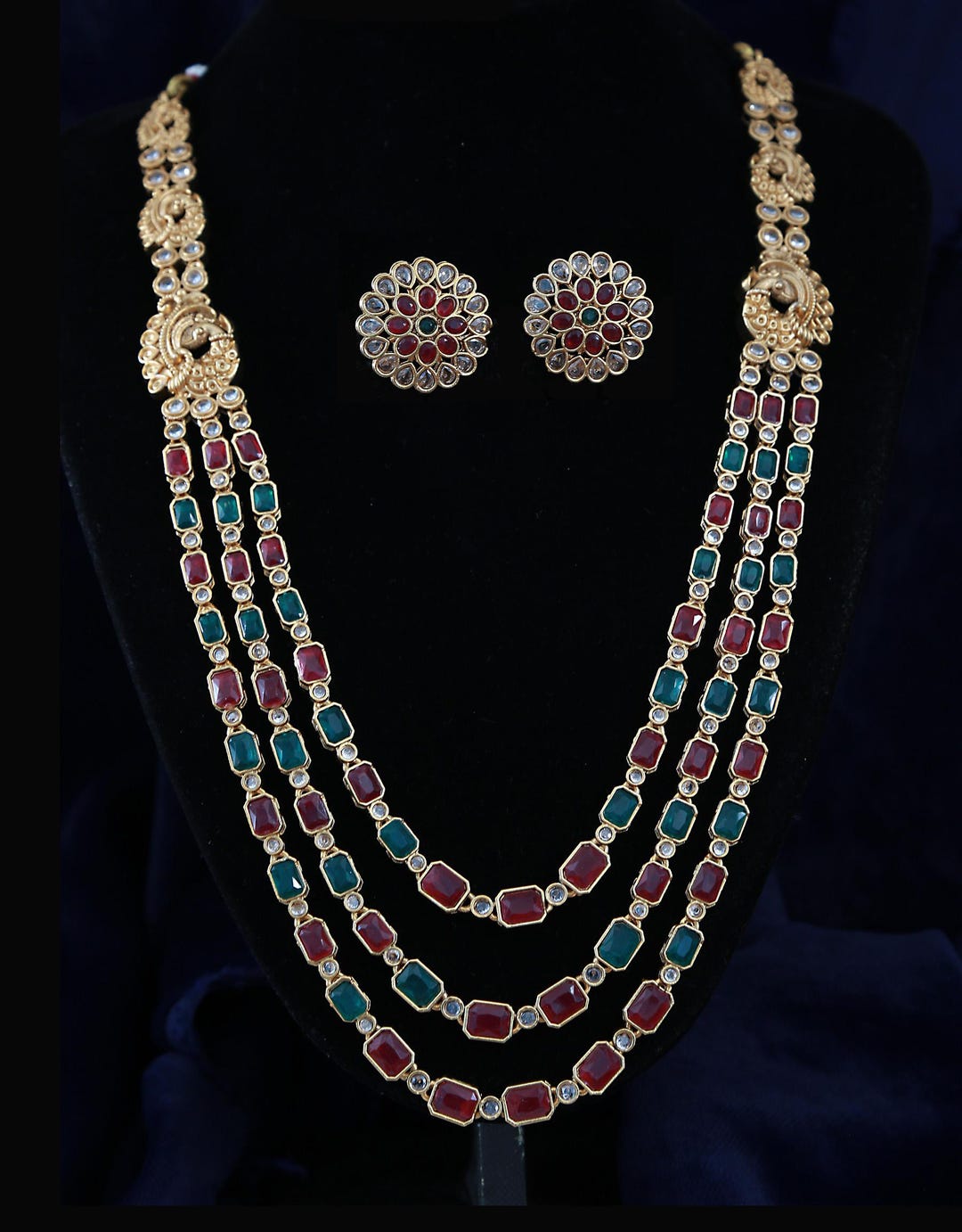 Matte Gold Multi Layer Color Stones Necklace Set With Matching Earrings ...