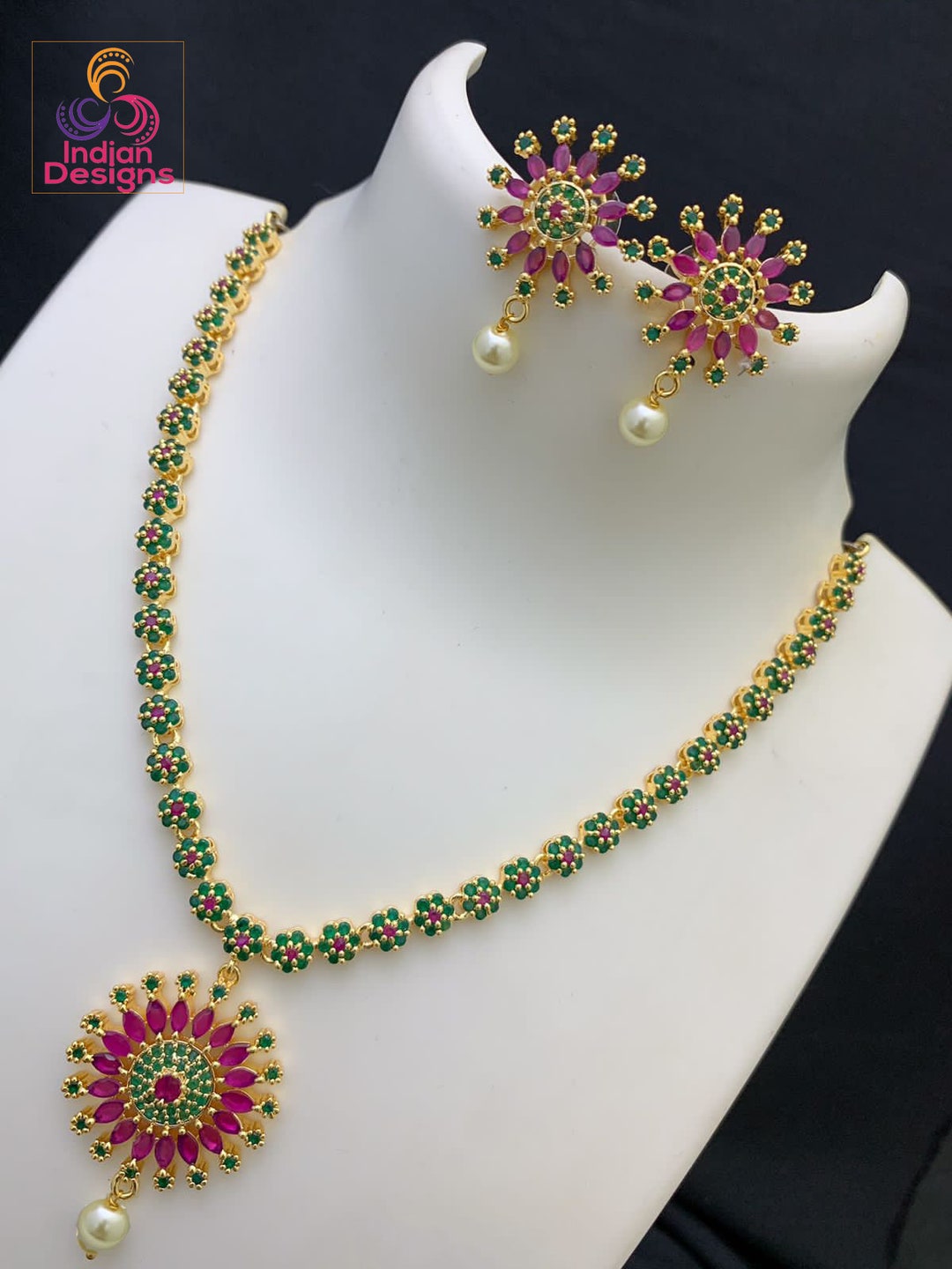 American Diamond Gold Necklace Gold Plated Emerald Necklace Floral ...