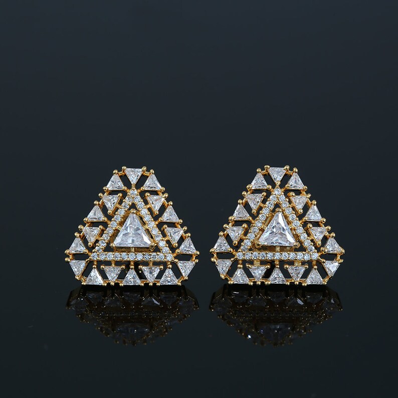 CZ Diamond Triangle Stud Earrings | 22K Gold Plated American Diamond ...