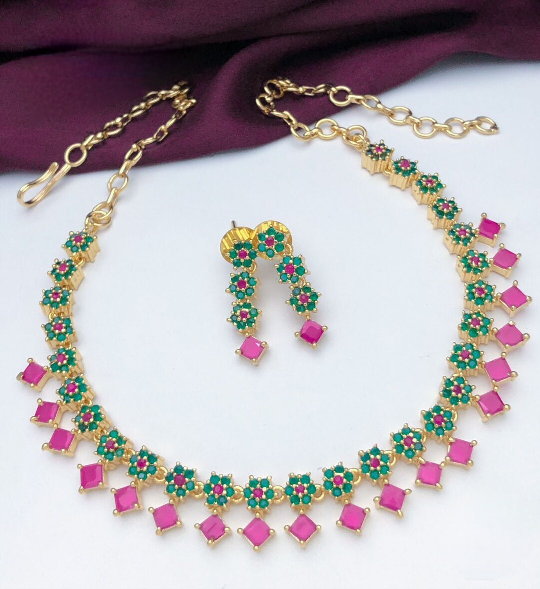 Gold Plated American Diamond Ruby Emerald Small Choker Choker and ...