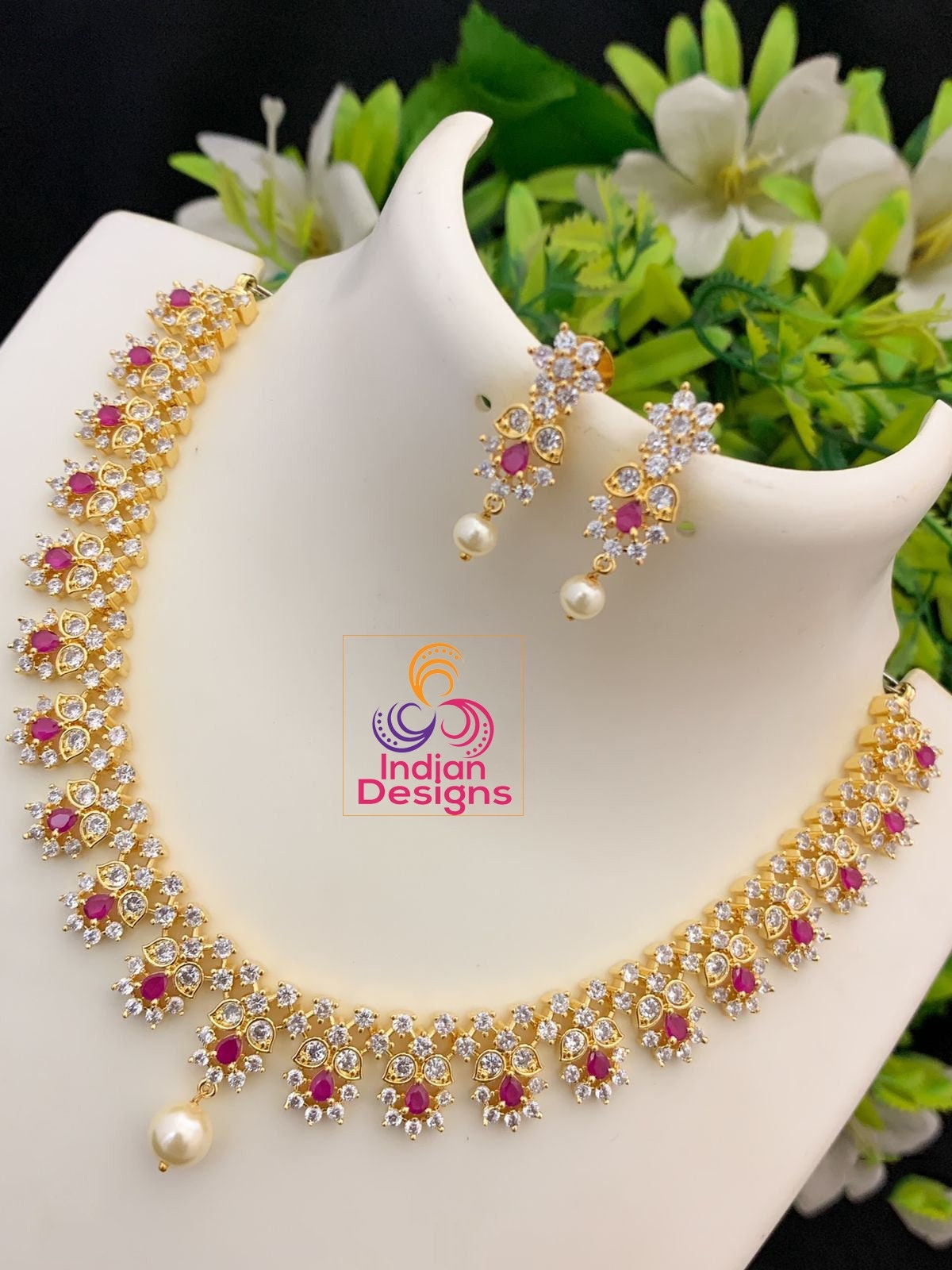 IndianDesignz South Indian CZ Necklace Jewelry Design American Diamond Choker Necklace Set Gold Tone Emerald Necklace Ruby Stone Flower Necklace