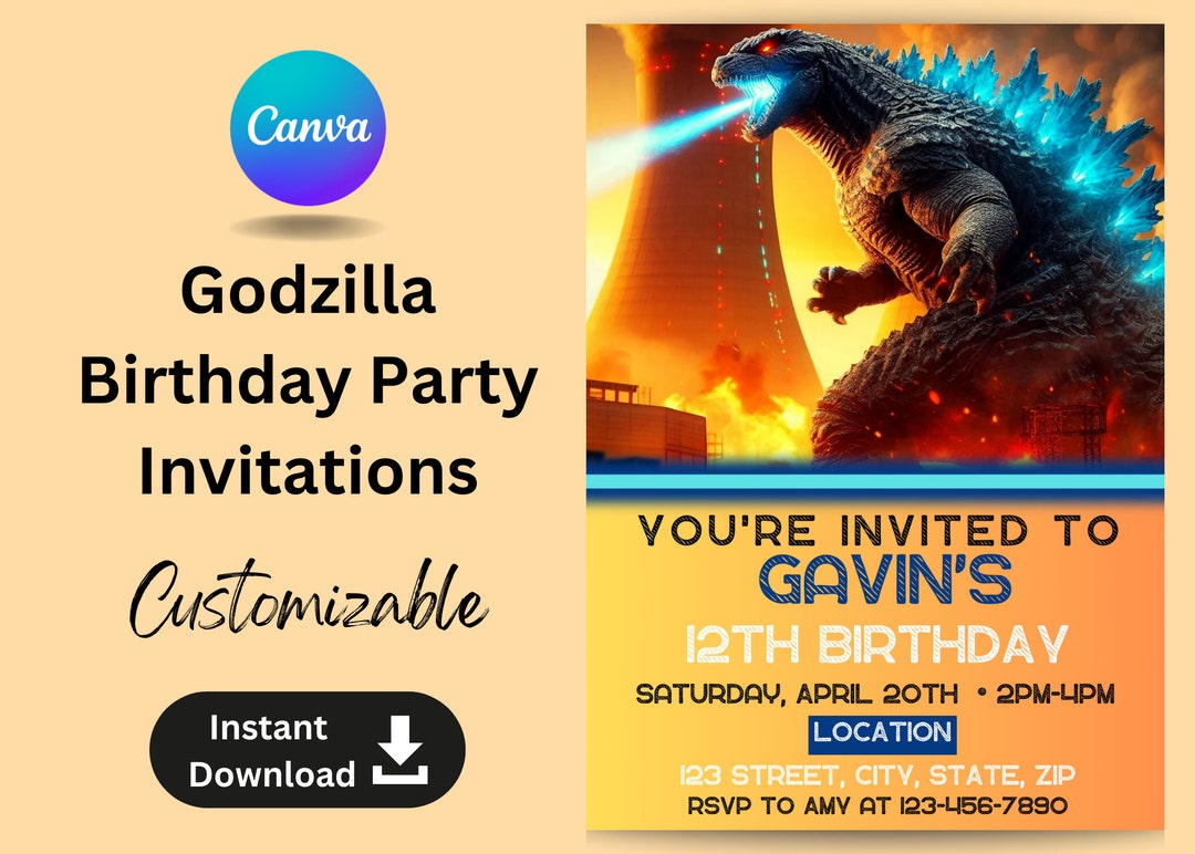 EDITABLE, Godzilla Birthday Party Invite, Godzilla Birthday Invitation ...