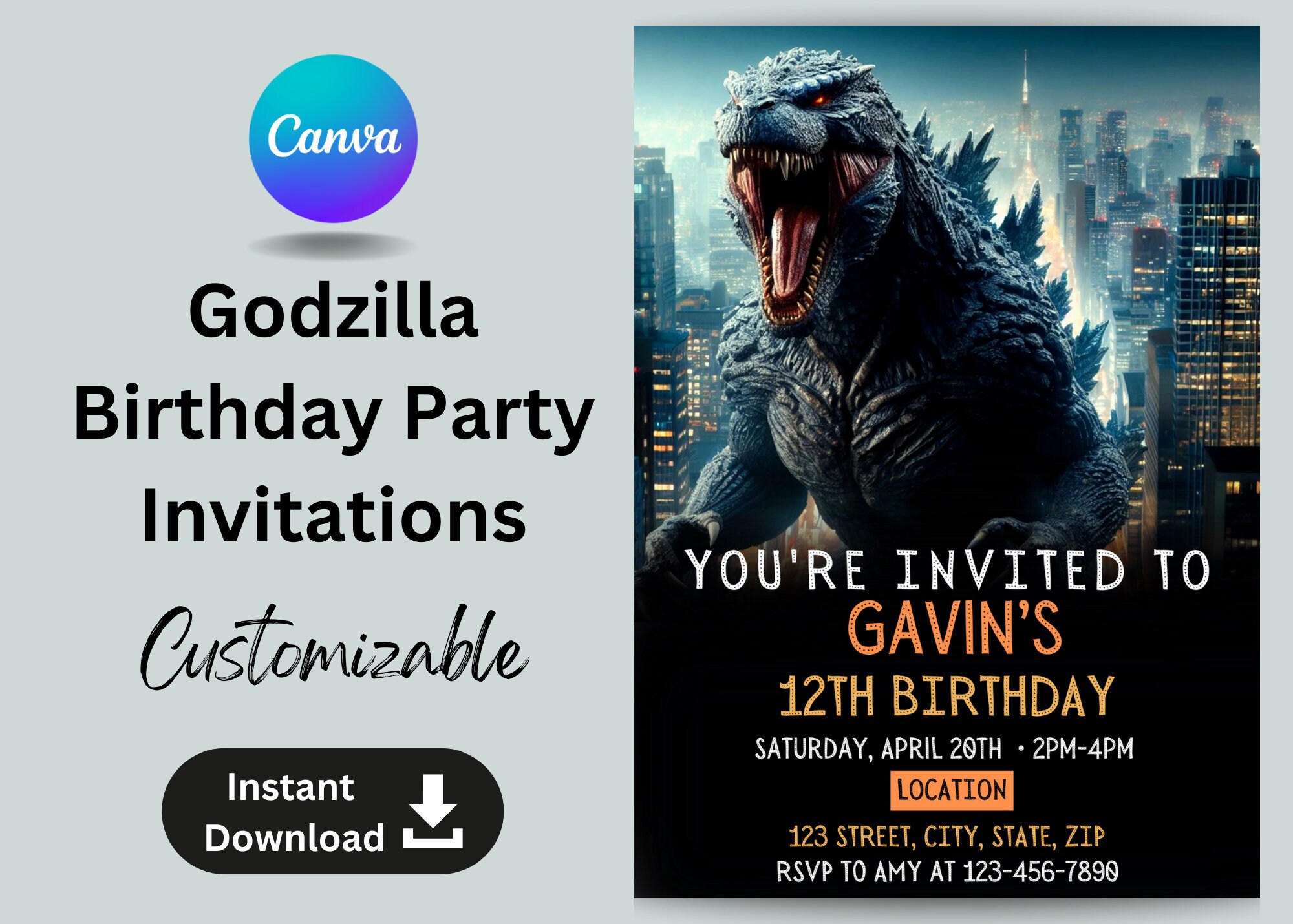 EDITABLE, City Godzilla Birthday Party Invite, Birthday Invitation ...