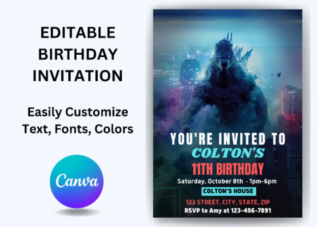 EDITABLE, Godzilla Kids Birthday Party Invite, Gojira Invitation ...