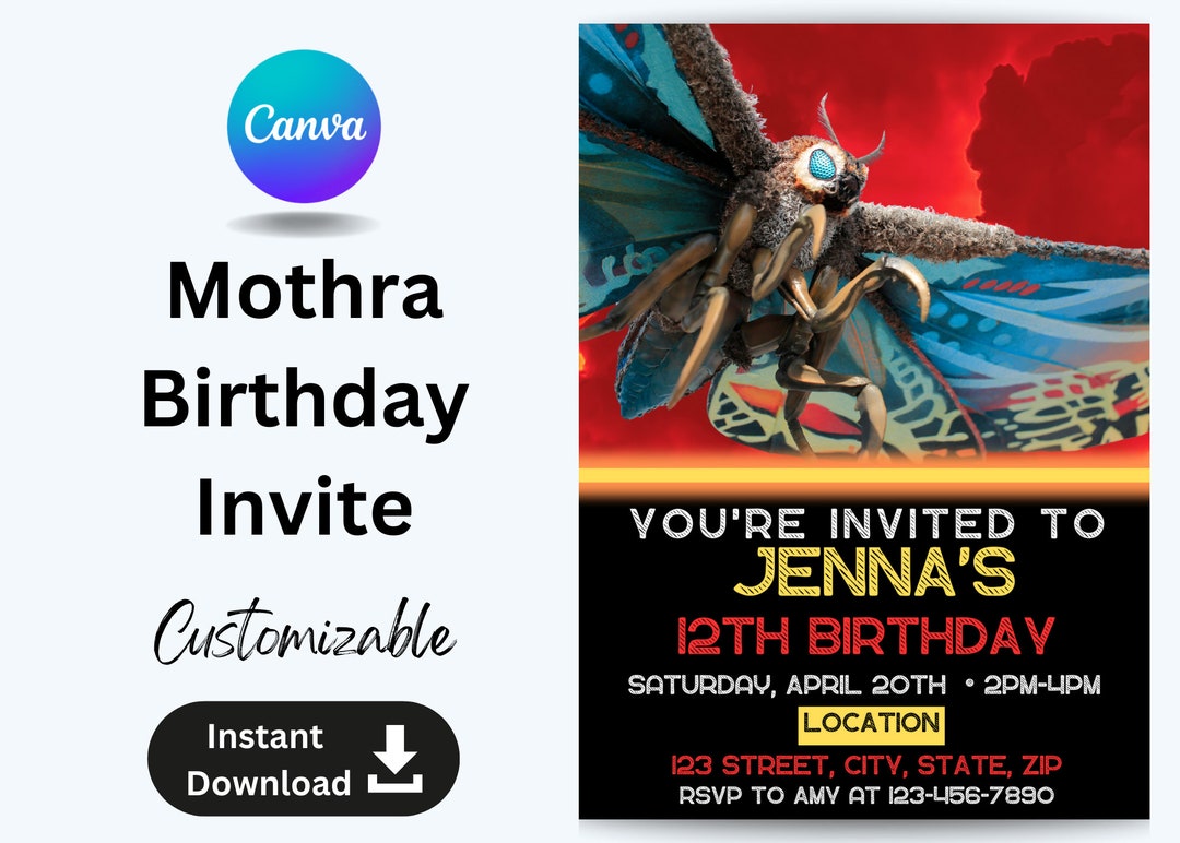 EDITABLE, Mothra Birthday Party Invite, Mothra Birthday Invitation ...