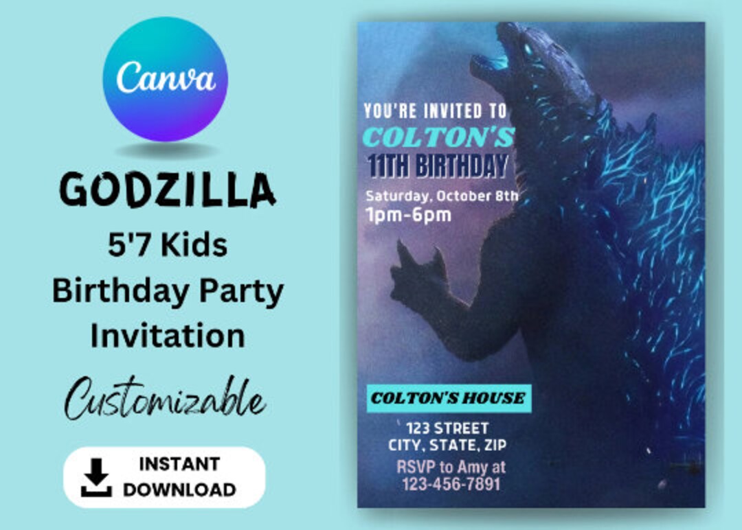 EDITABLE, Godzilla Birthday Party Invite, Birthday Invitation, Kids ...