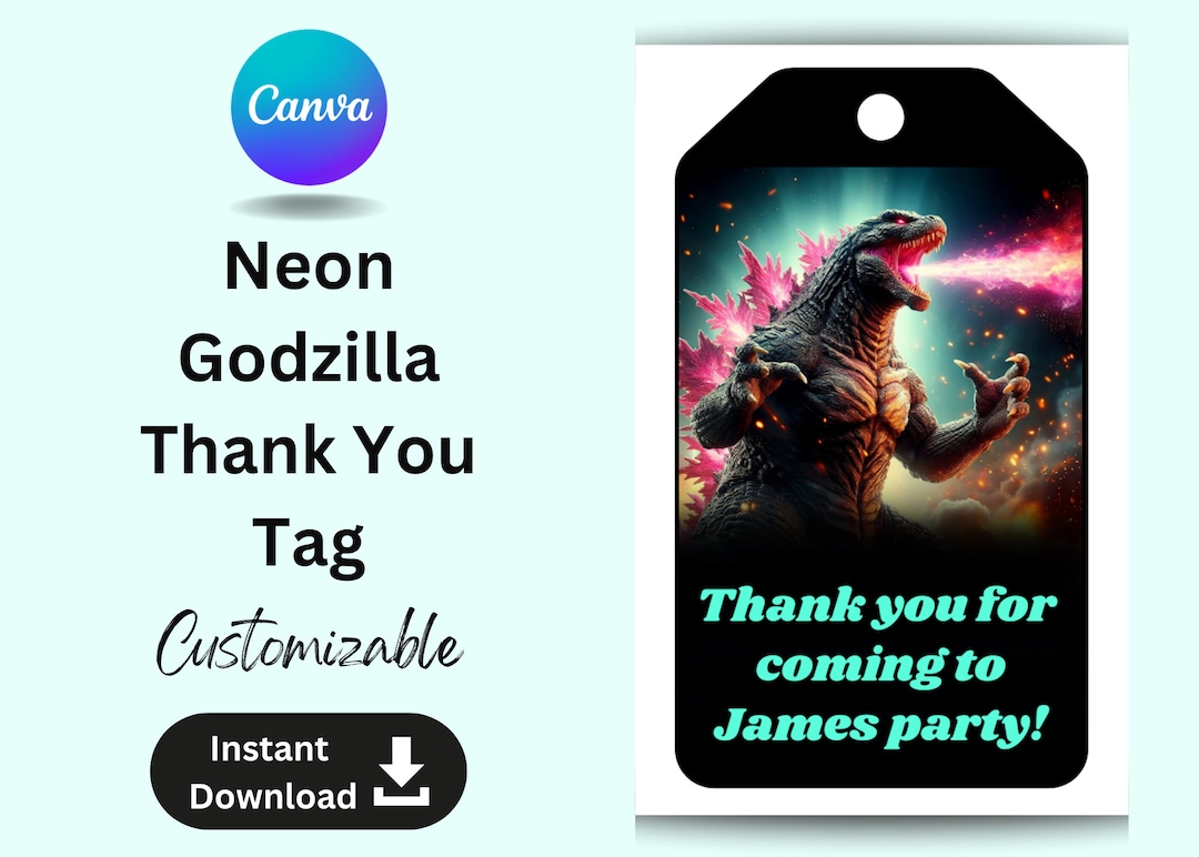 EDITABLE, Neon Godzilla Thank You Tags, Thank You Tags, Customizable ...