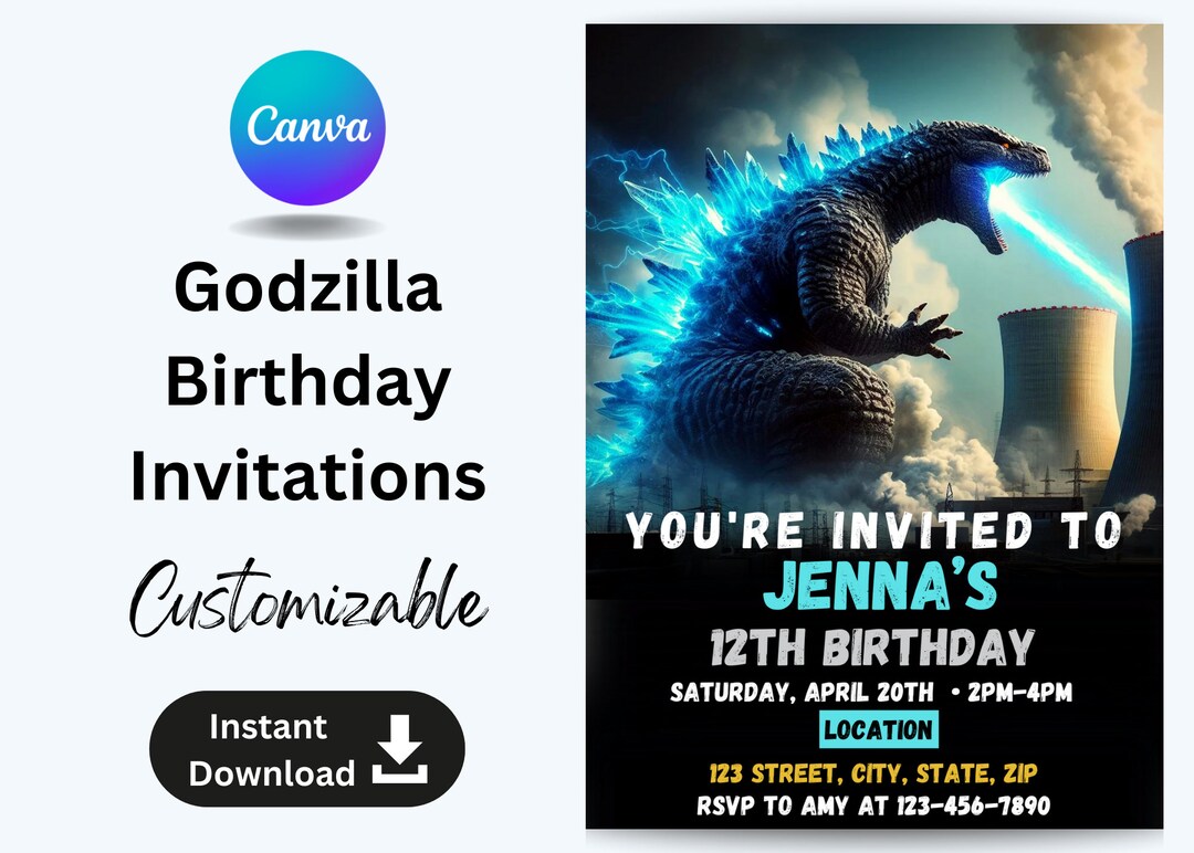 EDITABLE, Godzilla Birthday Party Invite, Godzilla Birthday Invitation ...