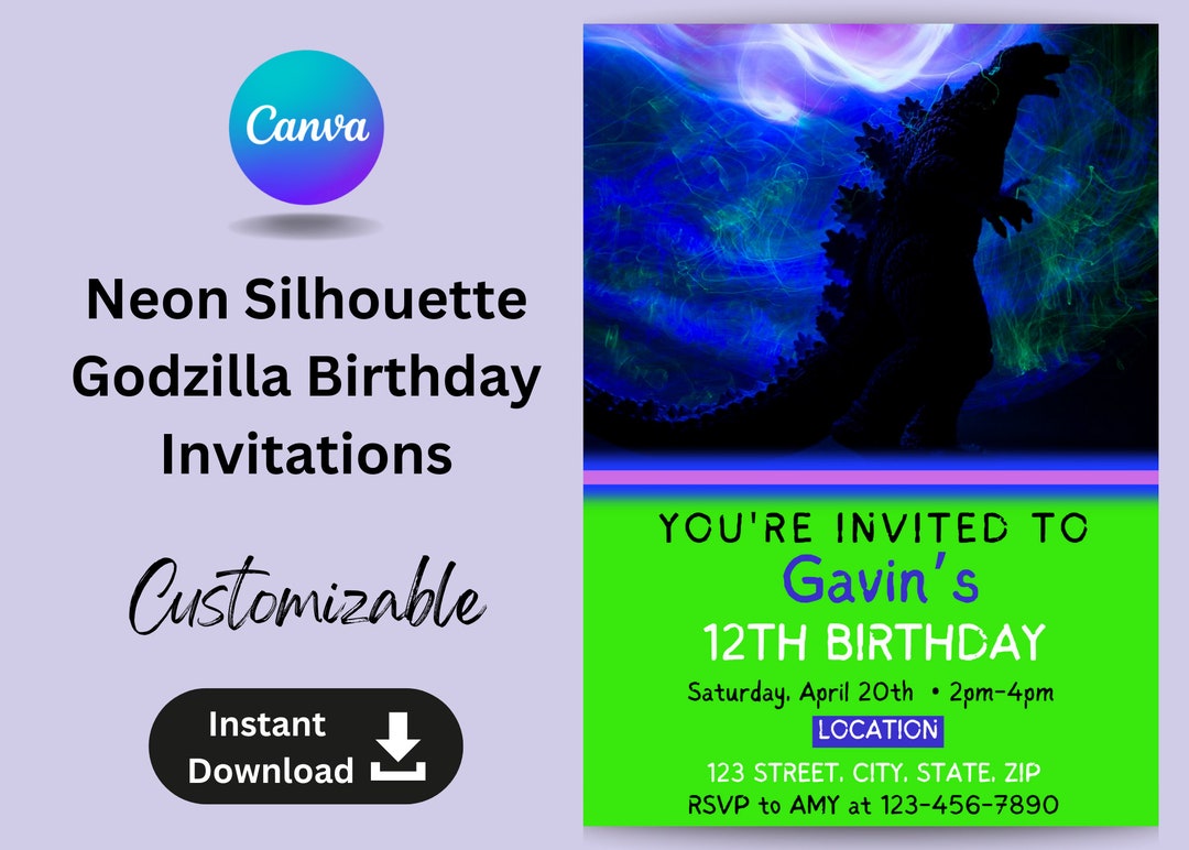 EDITABLE, Neon Silhouette Godzilla Birthday Invite, Birthday Invitation ...