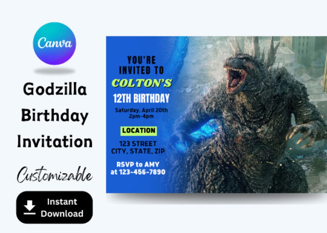EDITABLE, Godzilla Birthday Party Invite, Godzilla Invitation, Birthday ...