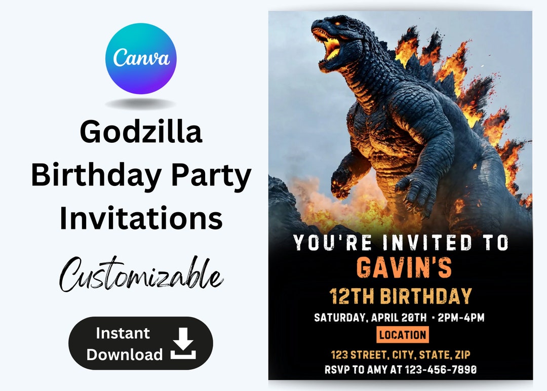 EDITABLE, Godzilla Birthday Party Invitation, Birthday Invitation, Kids ...