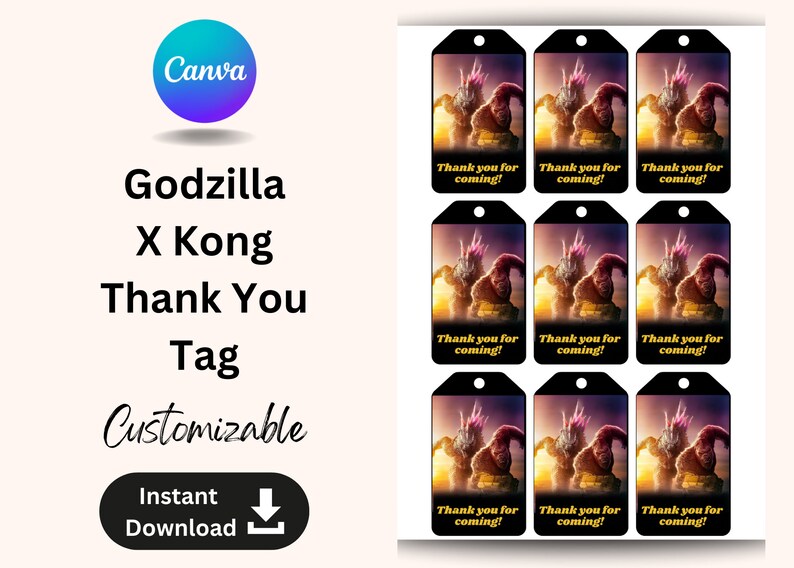 EDITABLE, Godzilla X Kong Thank You Tags, Thank You Tags, Customizable ...