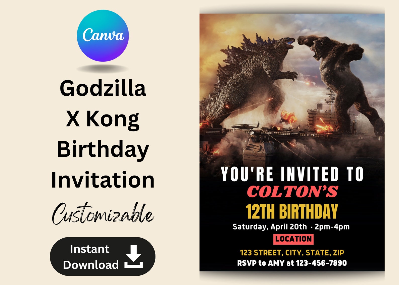 EDITABLE, Godzilla X Kong Kids Birthday Party Invite, Godzilla X Kong ...