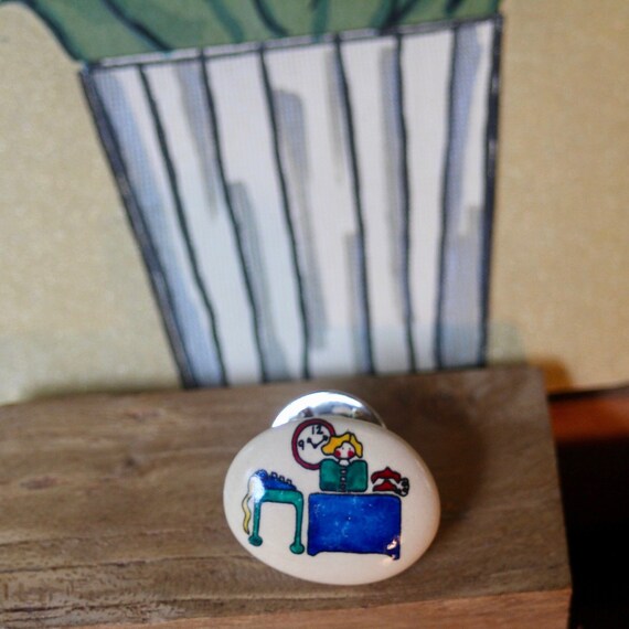 1980s Hand Painted Pebble Pin, Painted Rock Brooch Fe… - Gem