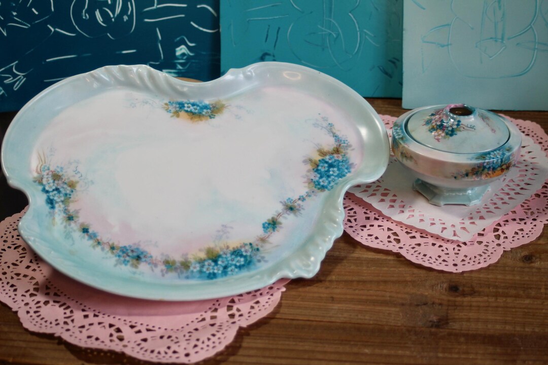 Victorian Era Vanity Tray and Hair Receiver, Hand Painted & Signed Blue ...