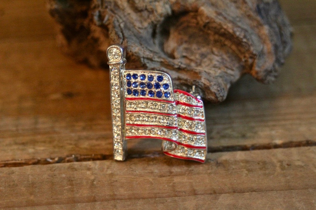 Rhinestone American Flag Brooch, Patriotic Pin for Vintage 4th of July ...