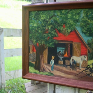 Large Canvas Painting Signed by Artist, Blacksmith in a Red Barn ...