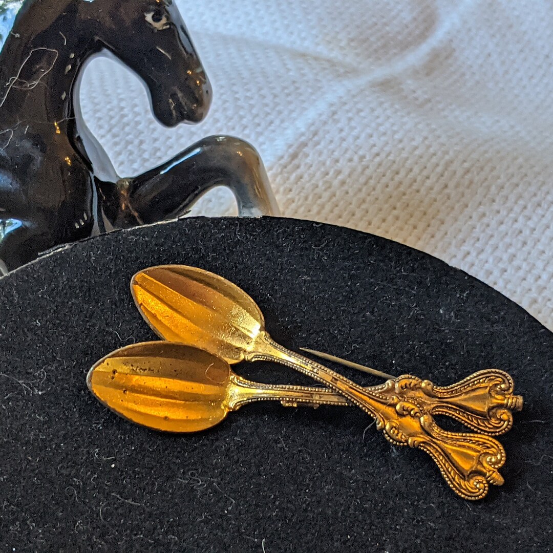 Vintage Crossed Spoons Brooch in Gold Tone, Tableware Jewelry, Pin for ...